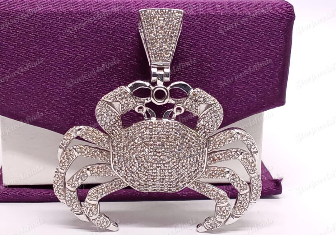 Round Cut Cluster Diamond Crab Men's Charm Pendant, 14K White Gold ...