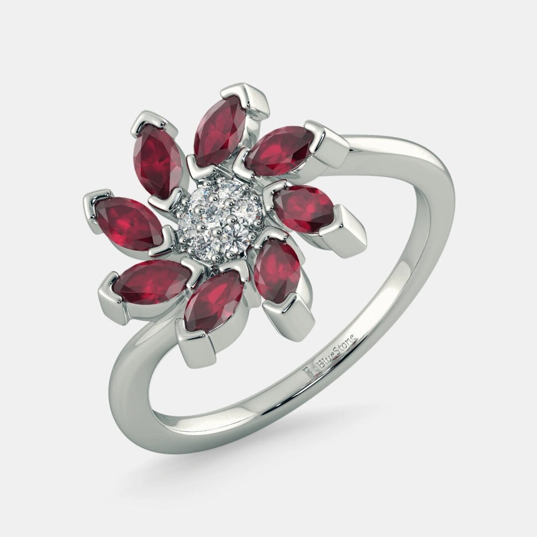Flowery Panache Diamond and Synthetic Ruby Ring 18kt White - Etsy