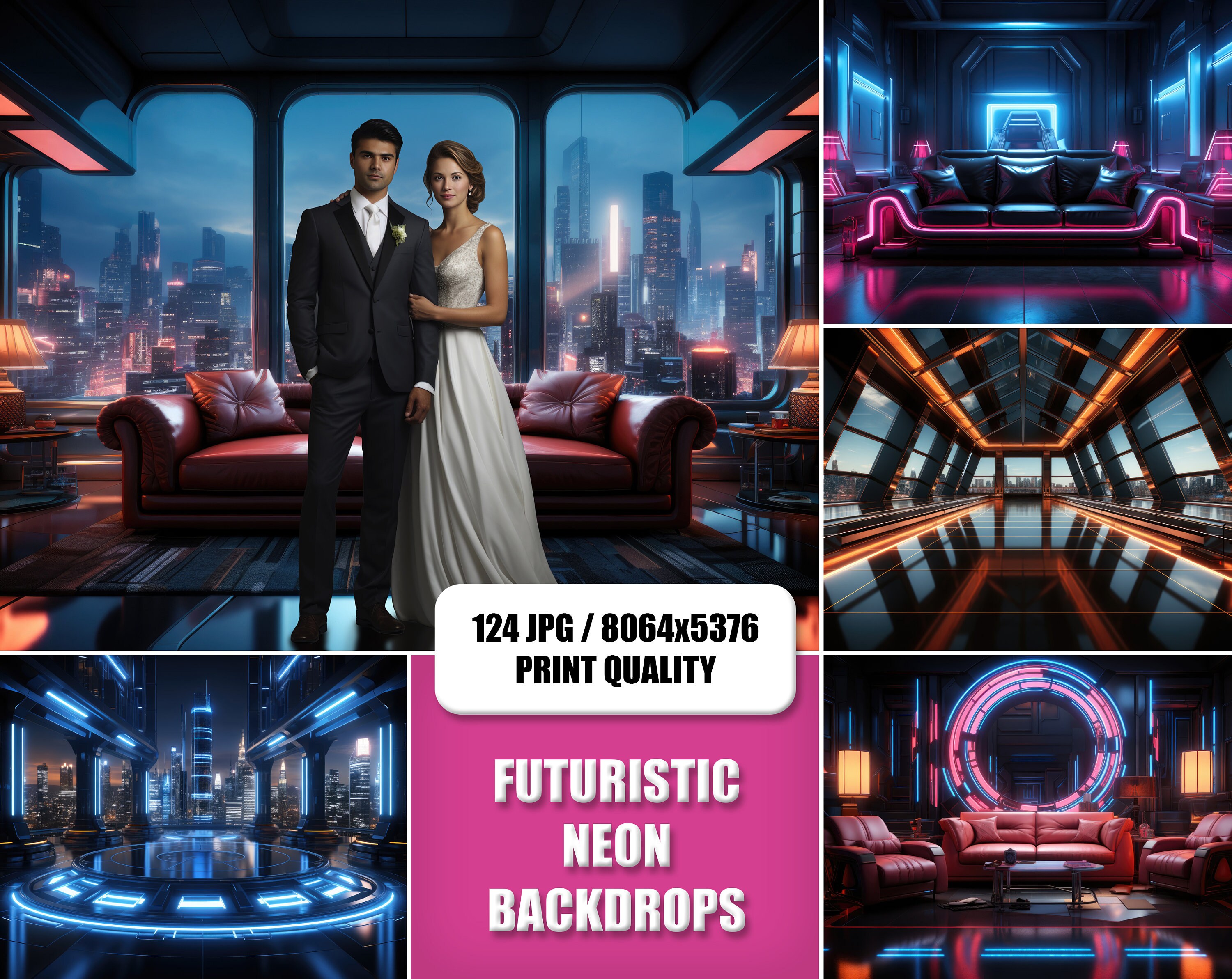 124 Digital Backdrops, Futuristic Neon Digital Backgrounds, Backdrop ...