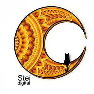3d Cat on the Moon Mandala Svg, Dxf Laser Files, Layered Moon Mandala ...