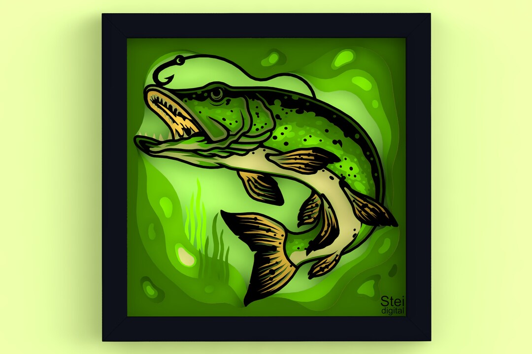 3d Fishing Shadow Box Svg, Dxf Cut Files, Pike Fish Svg, Layered Fish ...