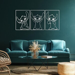 Cute Stitch Expression Wall Line Art, Set of 3 Panels, Disney Metal ...