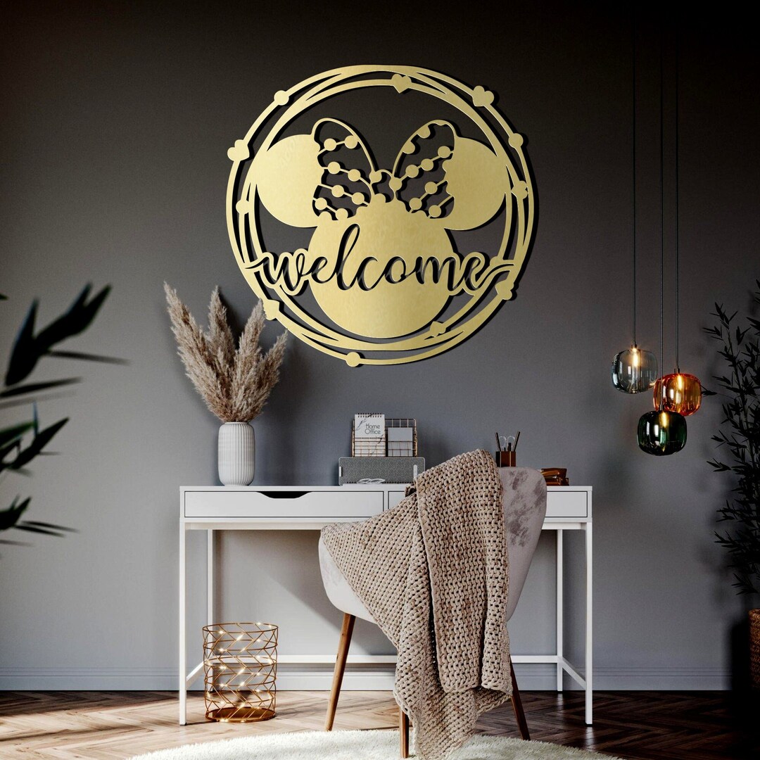 Minnie Head Welcome Door Sign, Disney Front Door Sign, Minnie Gold ...