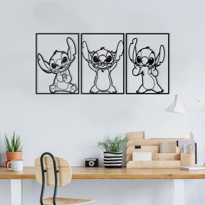 Cute Stitch Expression Wall Line Art, Set of 3 Panels, Disney Metal ...