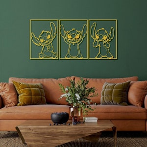 Cute Stitch Expression Wall Line Art, Set of 3 Panels, Disney Metal ...