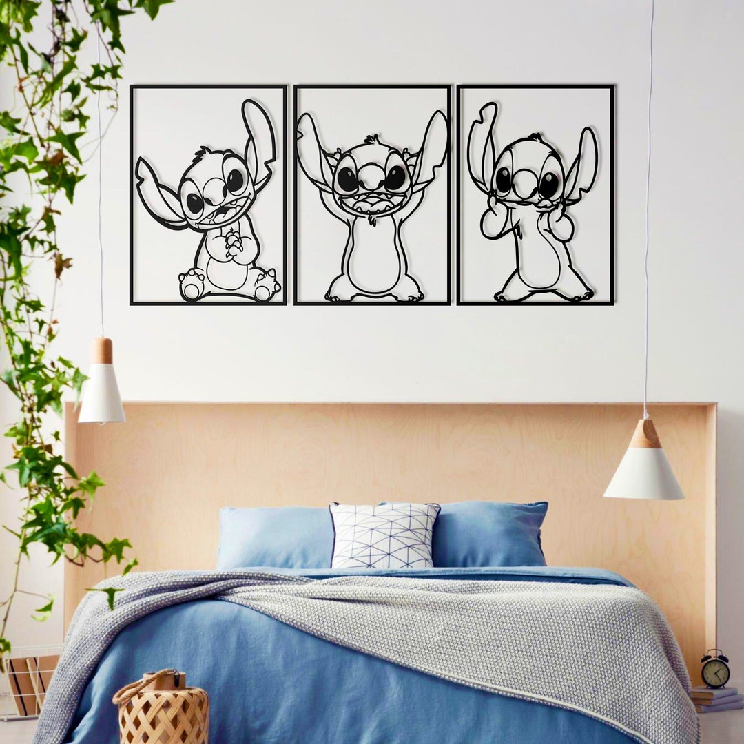 Cute Stitch Expression Wall Line Art, Set of 3 Panels, Disney Metal ...