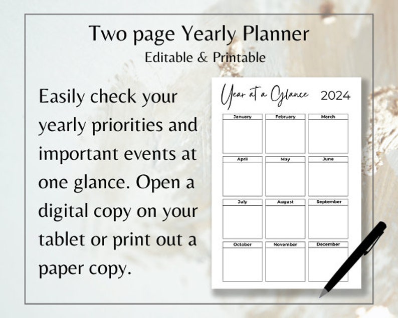 Two Page Yearly Planner, Year at a Glance, Yearly Goals, Year Editable ...