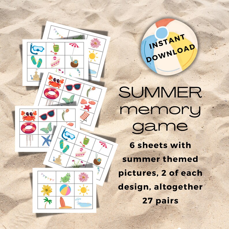 Summer Memory Game, Children's Summer Game, Game of Pairs for Kids, Fun ...