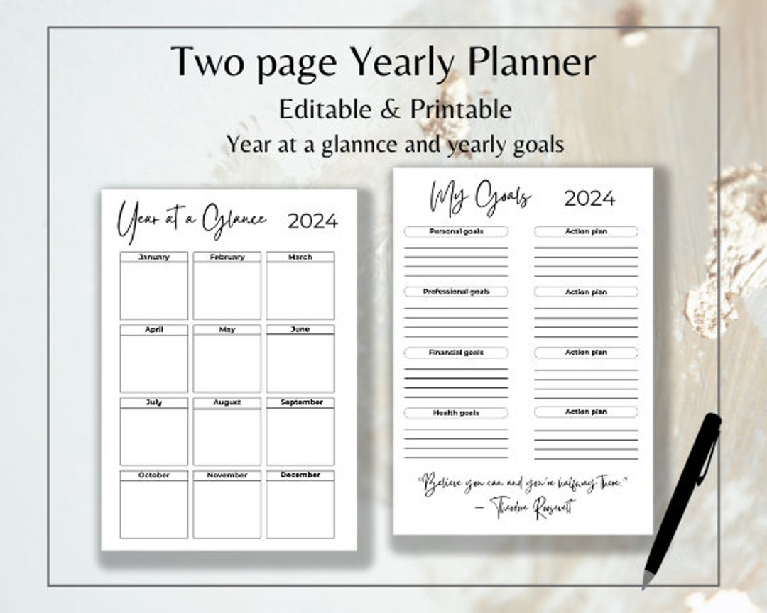 Two Page Yearly Planner, Year at a Glance, Yearly Goals, Year Editable ...