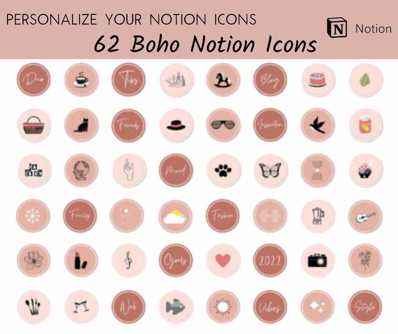 Boho Notion Icons Notion Template Icons Boho Chic Planner Stickers Bohomein Digital Icons ...