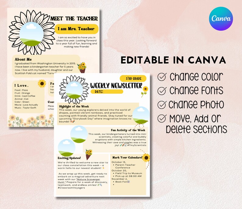 Sunflower Meet the Teacher Template Editable Classroom Organization ...