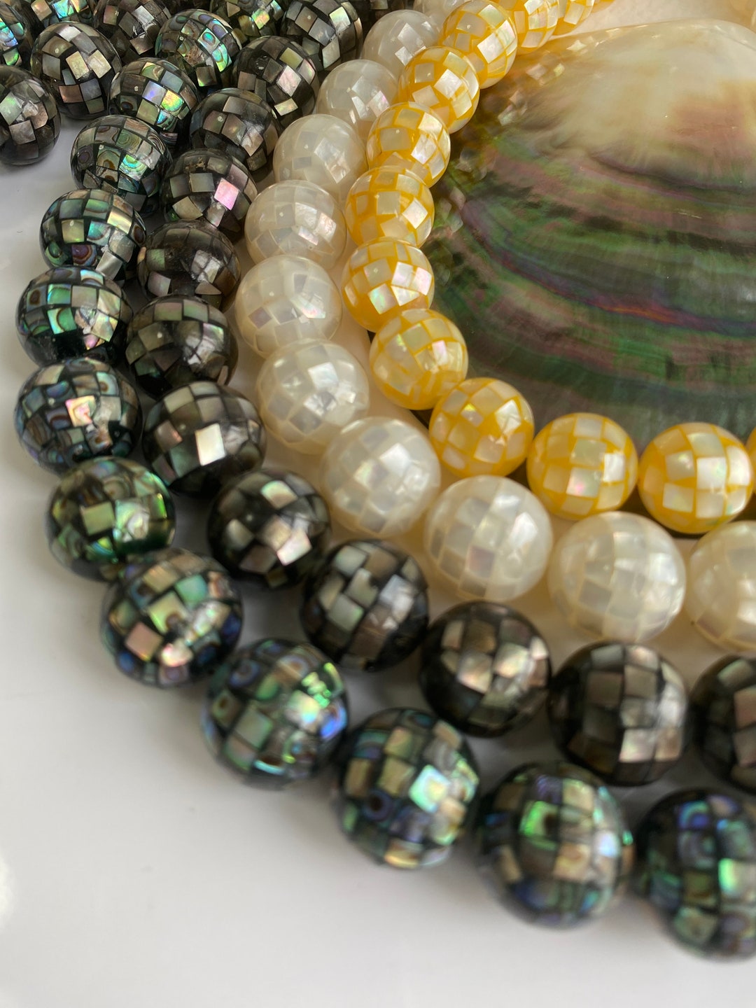 5 Pieces Abalone Shell Faceted Round Beads, Mosaic Paua Inlaid, DIY ...