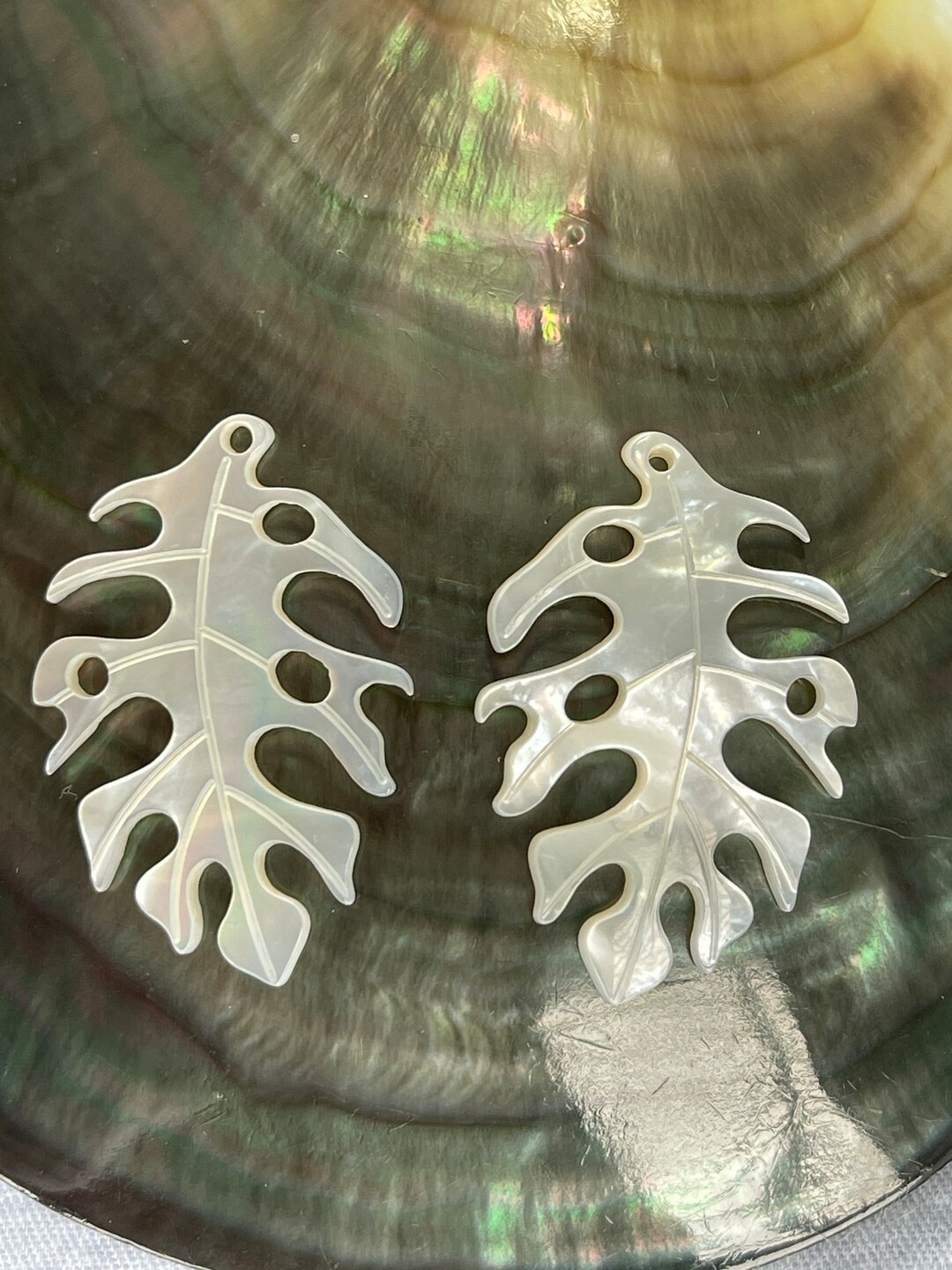 1 Pair of Hand Carving Black Tahiti MOP Monstera, Tahitian Mother of ...