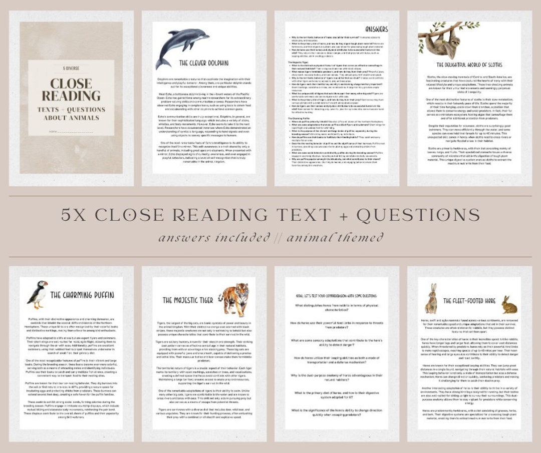 Close Reading Exercises texts Questions - Etsy