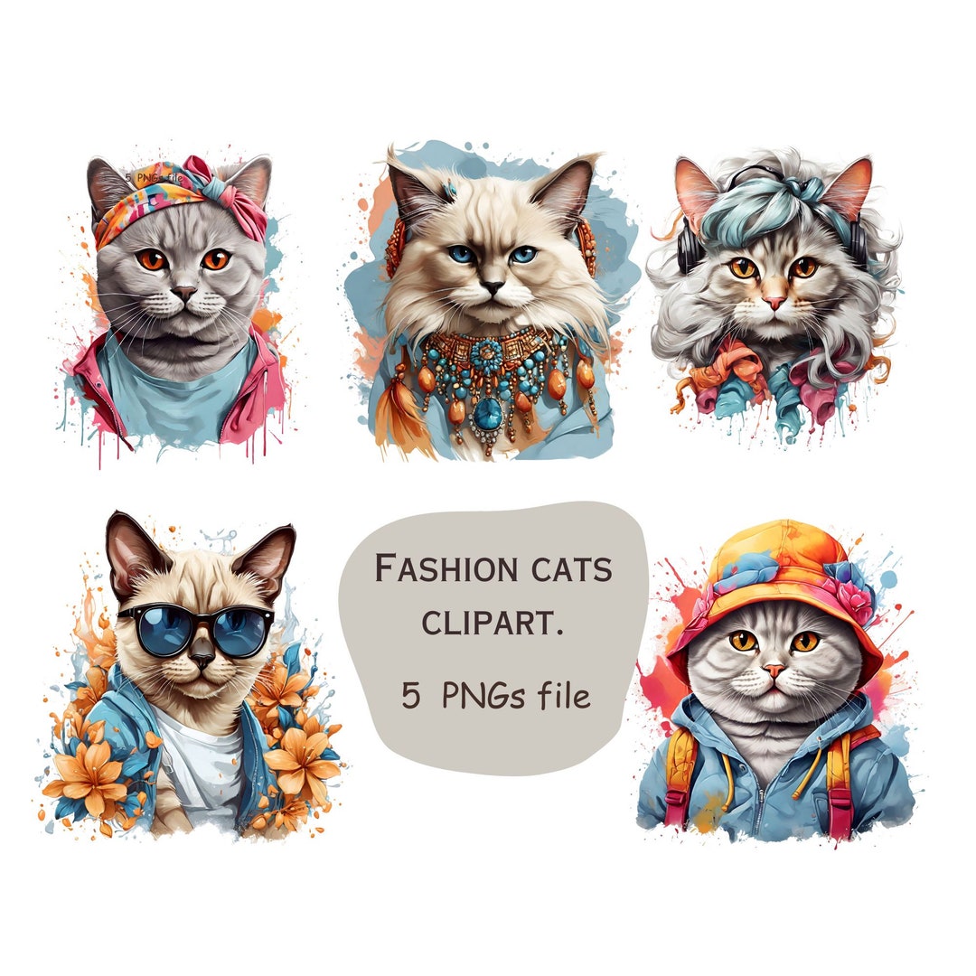 Fashionable Cat Clipart, Digital Cat Download Pngs, Cute Cat, Digital ...