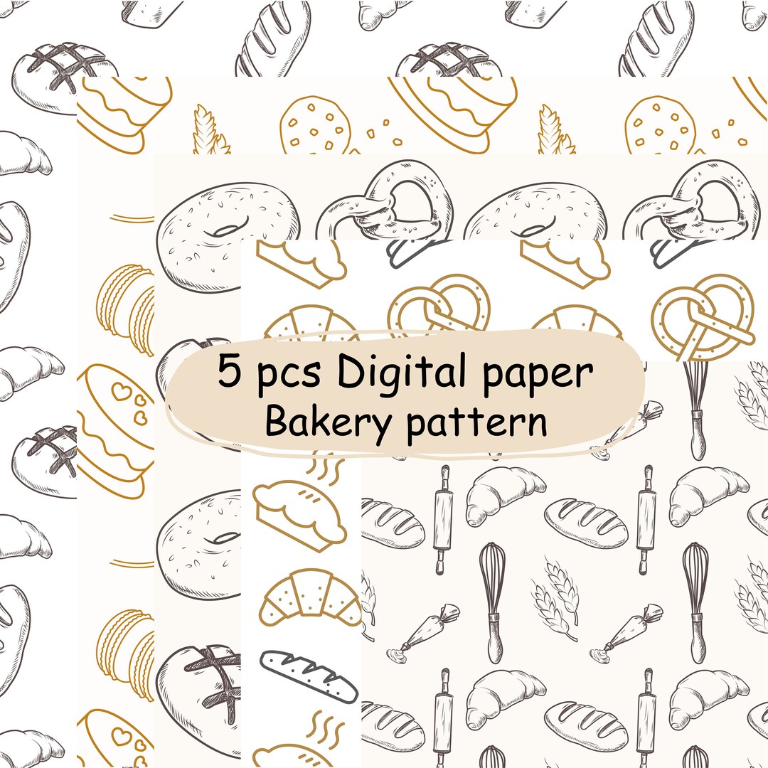 5 Seamless Digital Paper, Bakery Pattern, Bakery Wrapping Paper, Paper ...