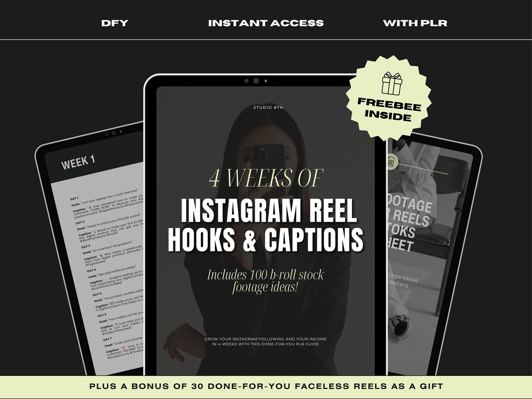 Instagram Reel Hooks & Captions: 4 Weeks Content, MRR PLR (editable ...