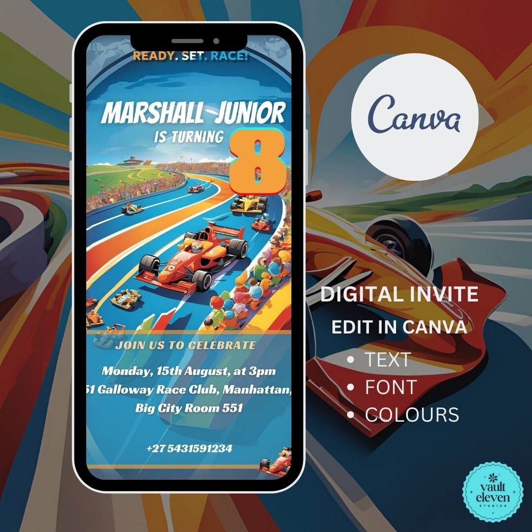Racing Theme Birthday Party Invitation | Editable Canva Template ...