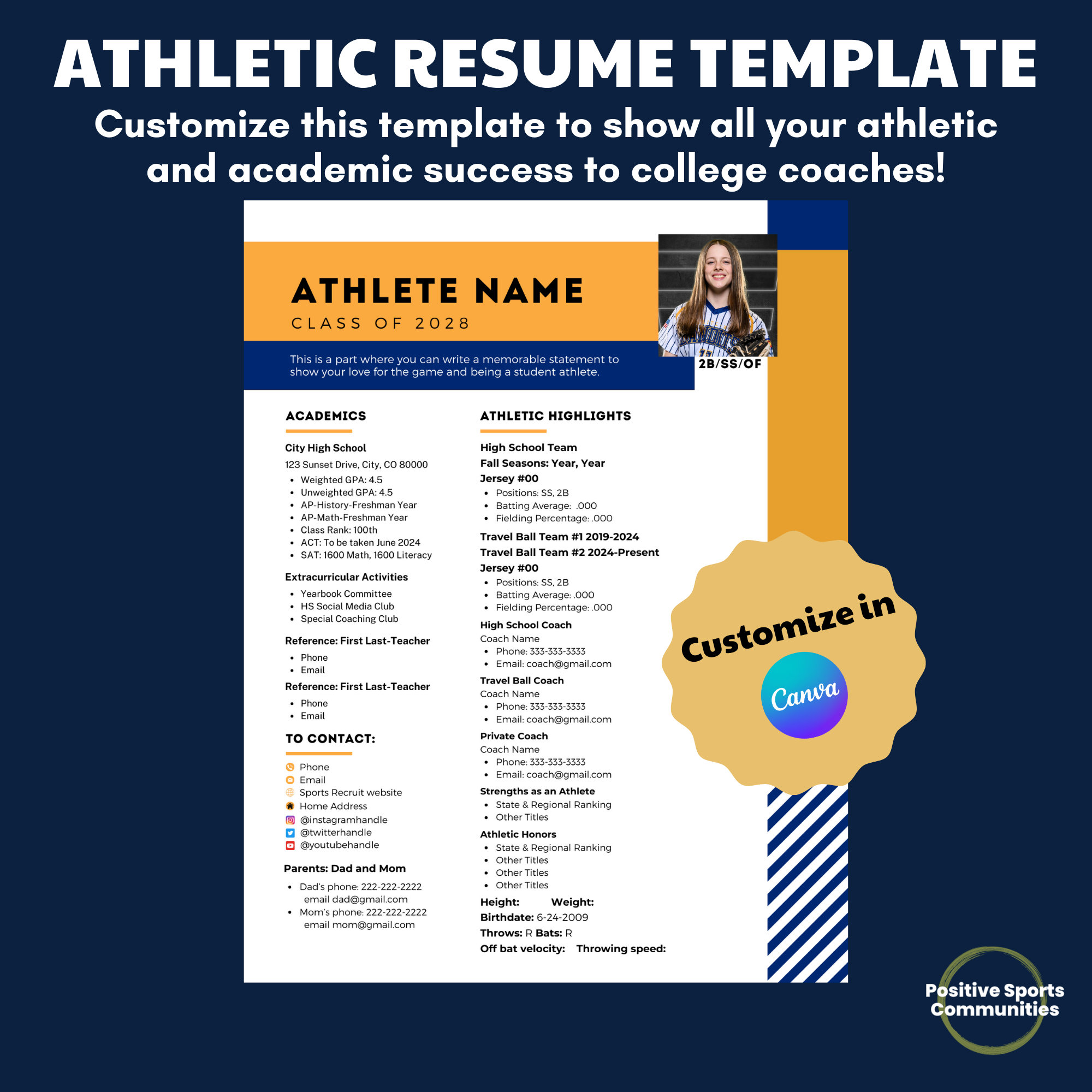 All-sports Athletic Resume Template for College Recruitment, Editable ...