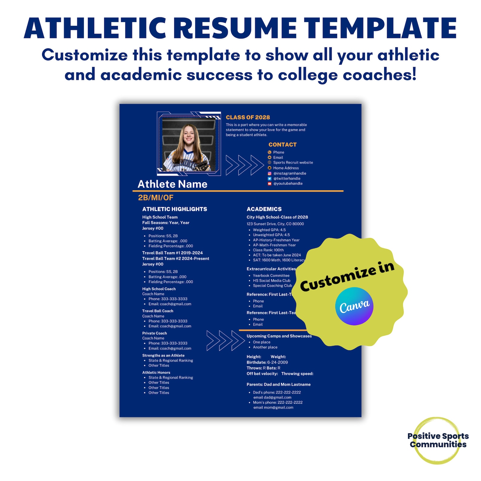 All-sports Athletic Resume Template for College Recruitment, Editable ...