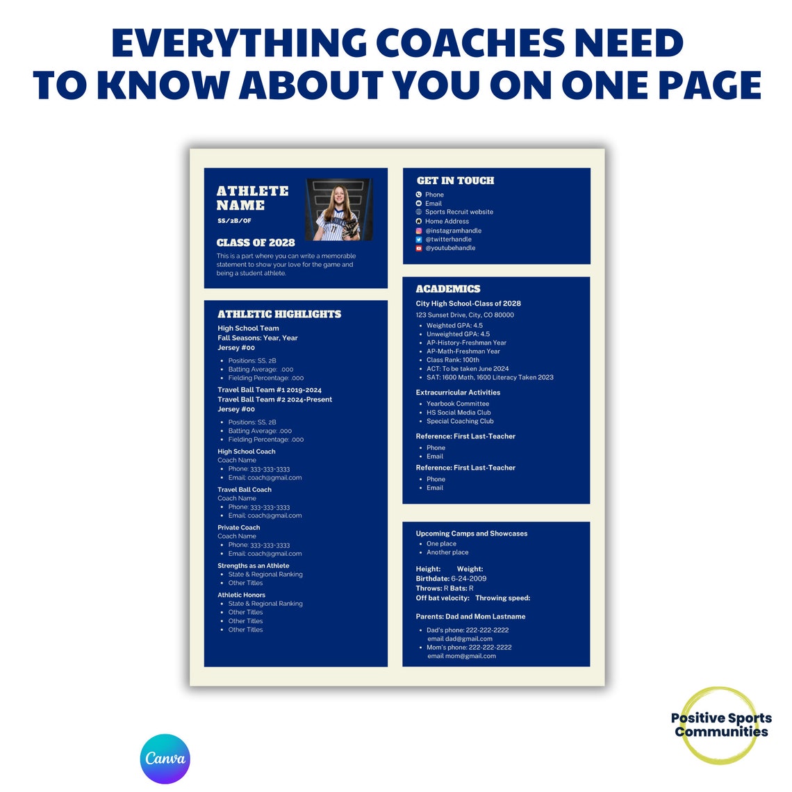 Comprehensive All-sports Athletic Resume Template for D1, D2, D3, JUCO ...