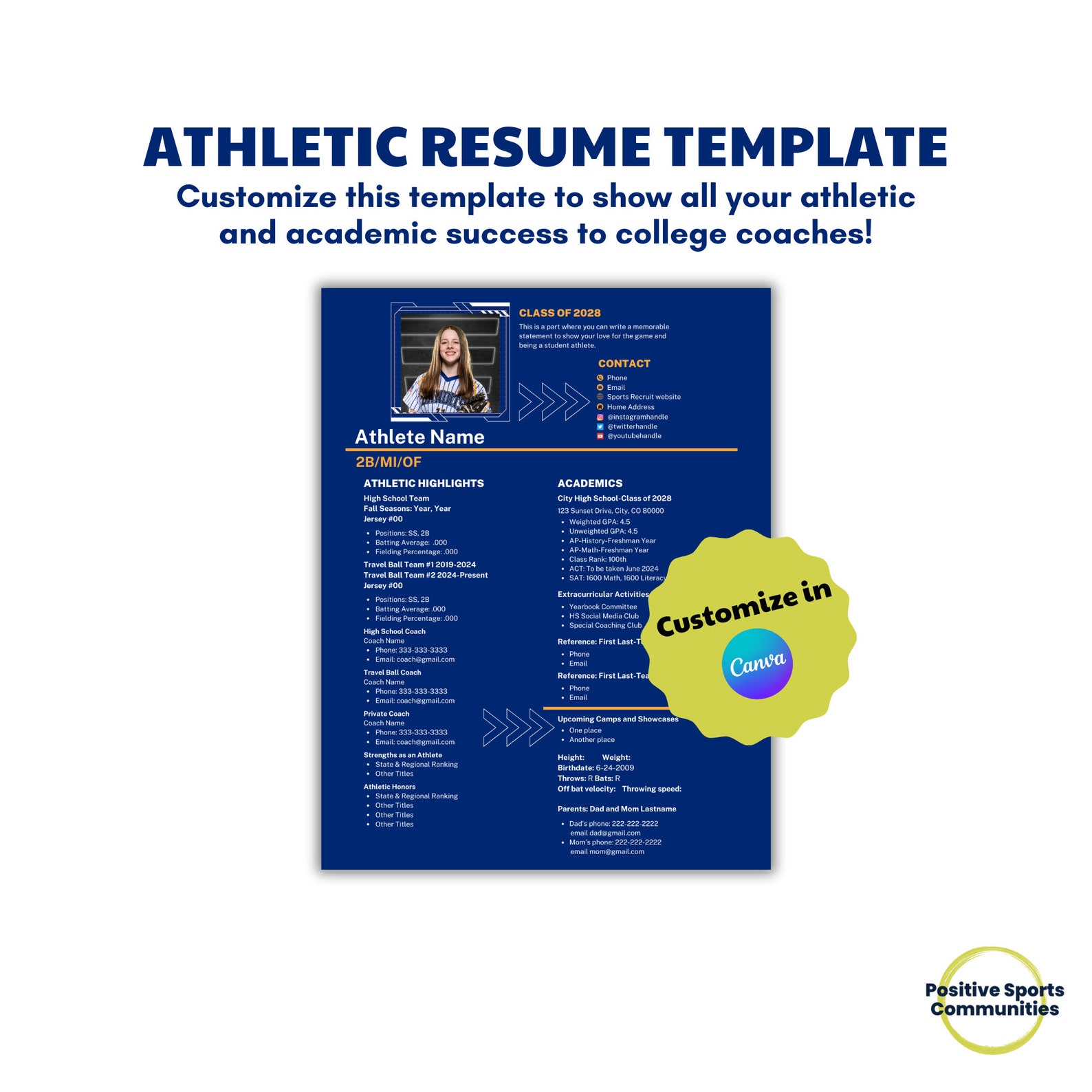 All-sports Athletic Resume Template for College Recruitment, Editable ...