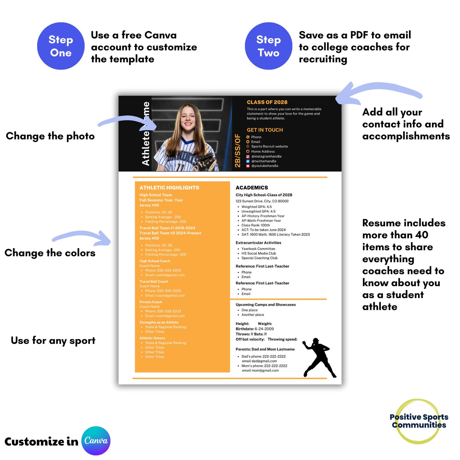 All-sports Athletic Resume Template for College Recruitment, Editable ...
