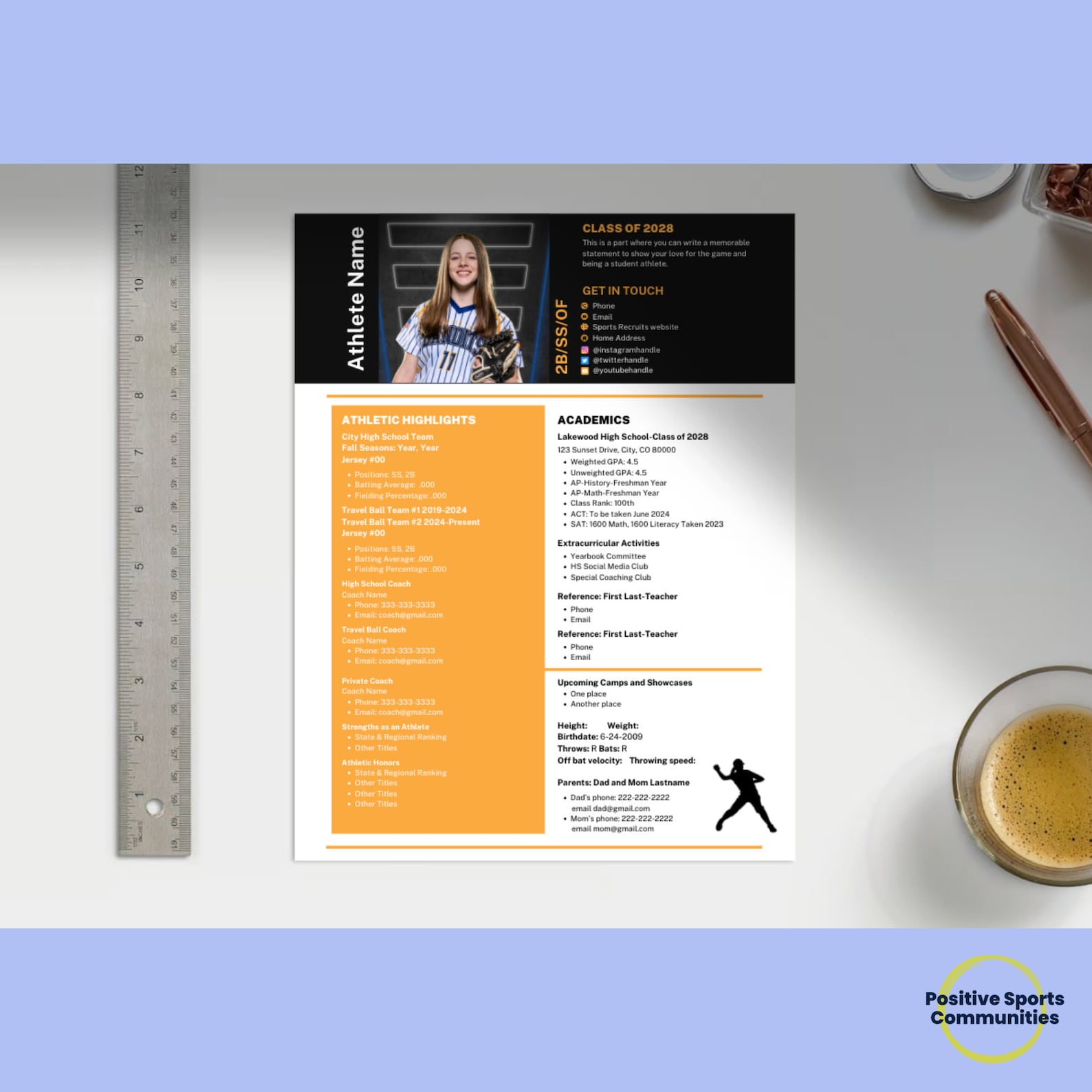 All-sports Athletic Resume Template for College Recruitment, Editable ...