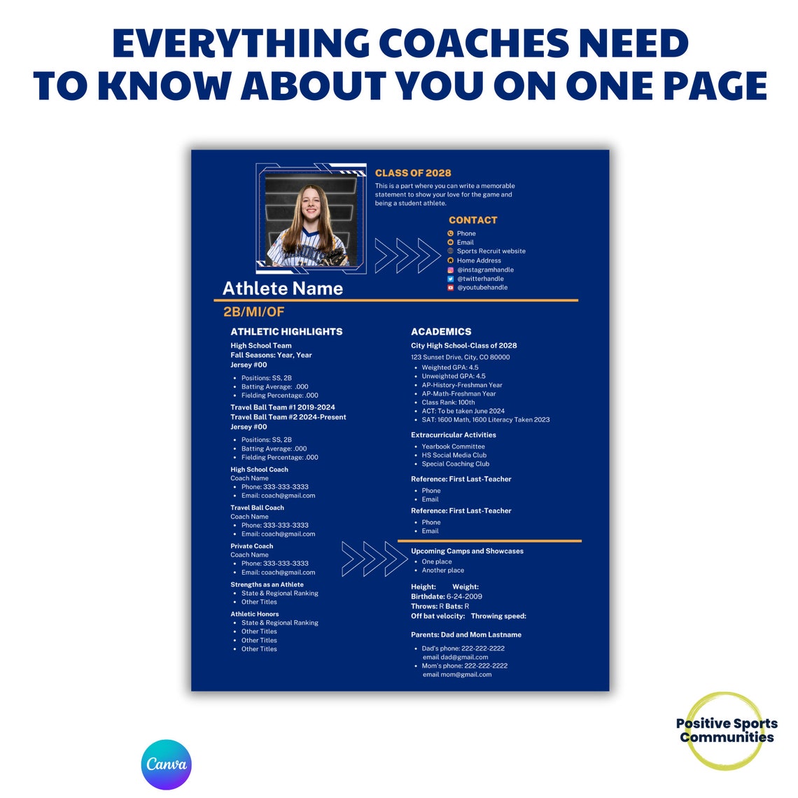 All-sports Athletic Resume Template for College Recruitment, Editable ...