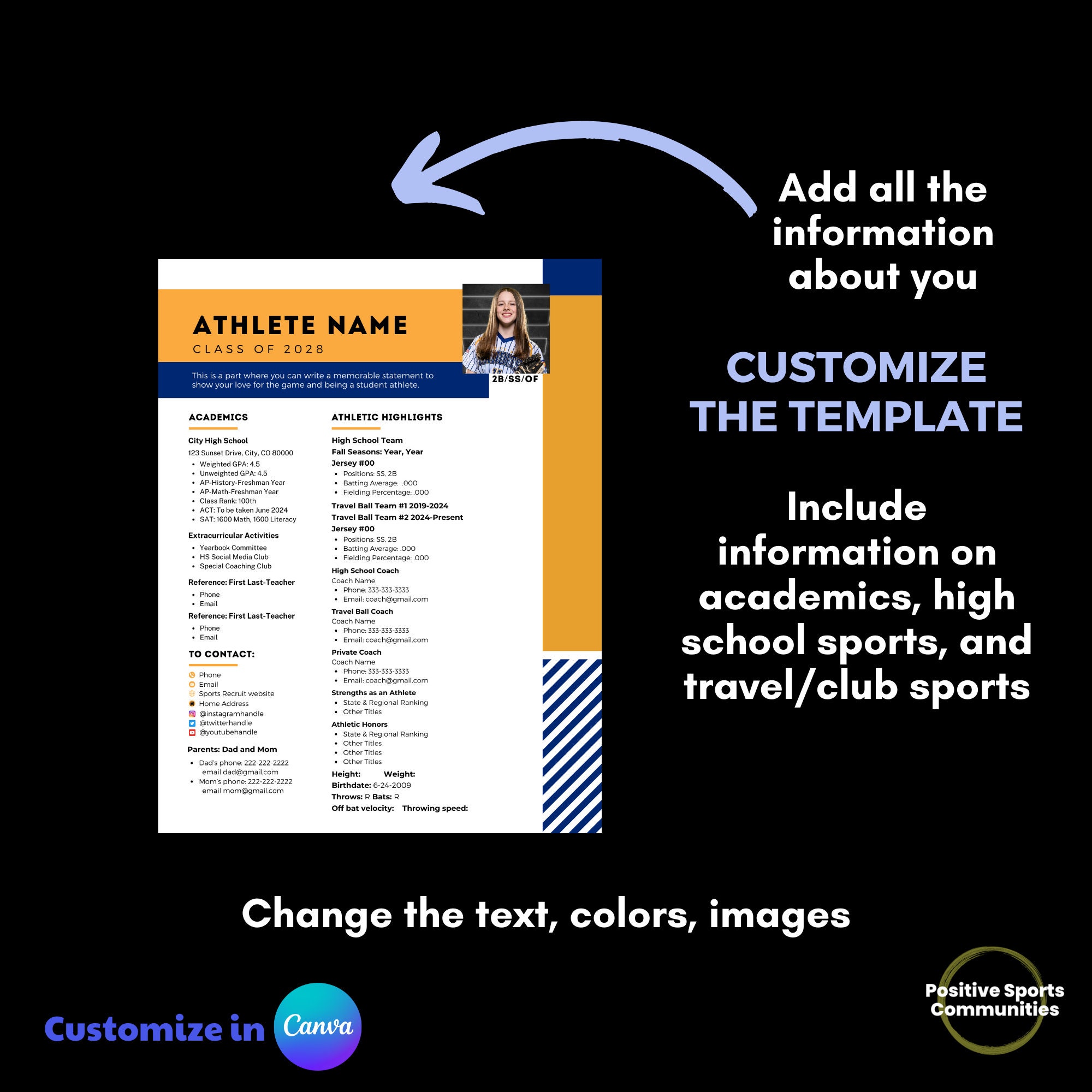 All-sports Athletic Resume Template for College Recruitment, Editable ...