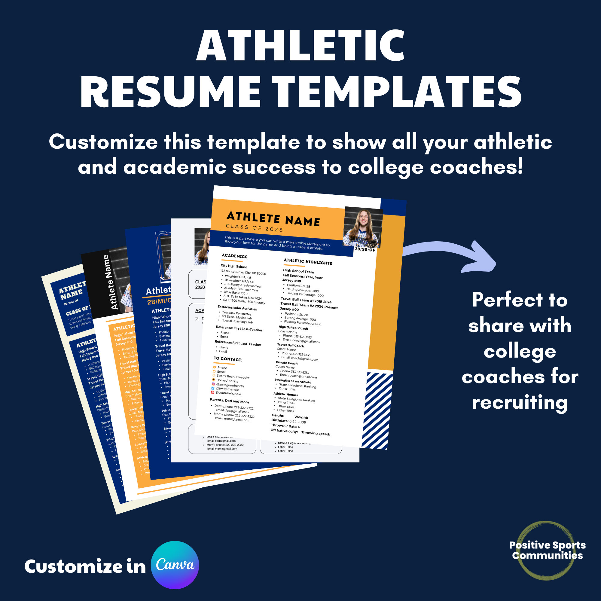 All-sports Athletic Resume Template for College Recruitment, Editable ...