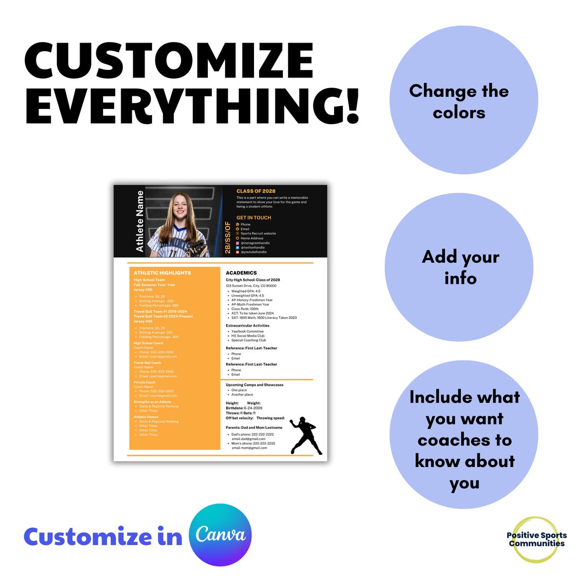 All-sports Athletic Resume Template for College Recruitment, Editable ...