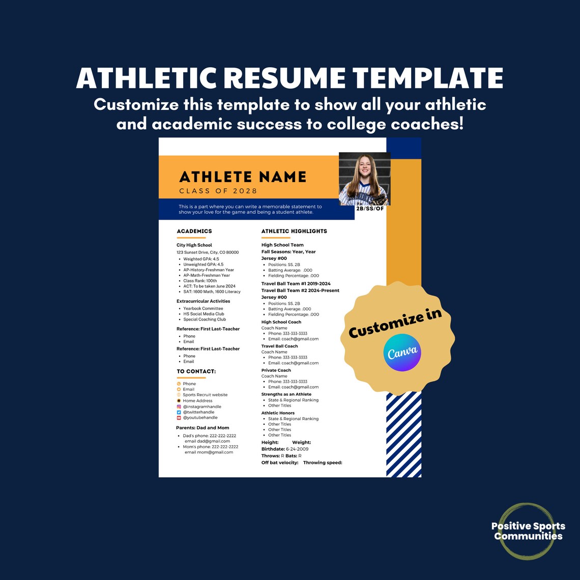 All-sports Athletic Resume Template for College Recruitment, Editable ...