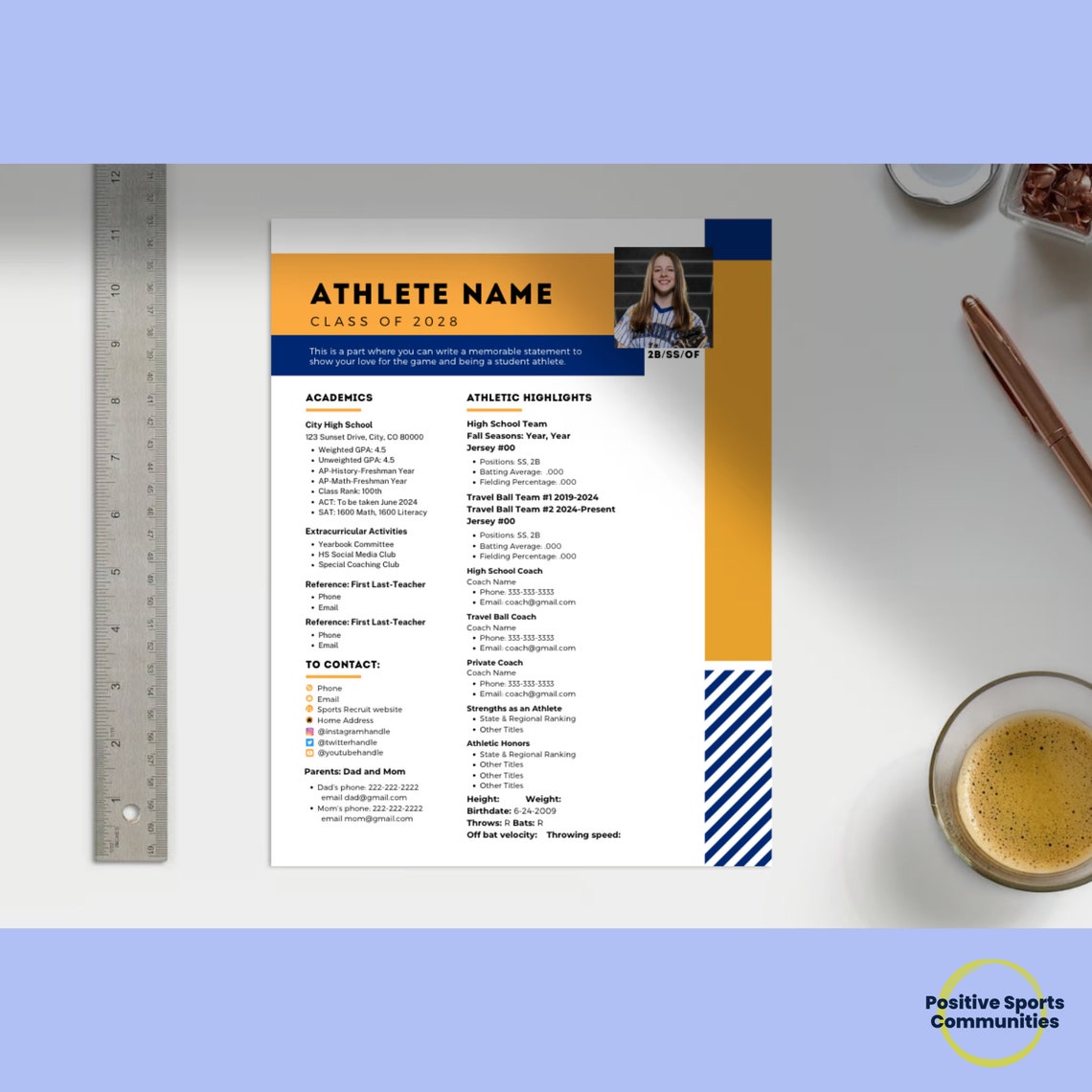 All-sports Athletic Resume Template for College Recruitment, Editable ...