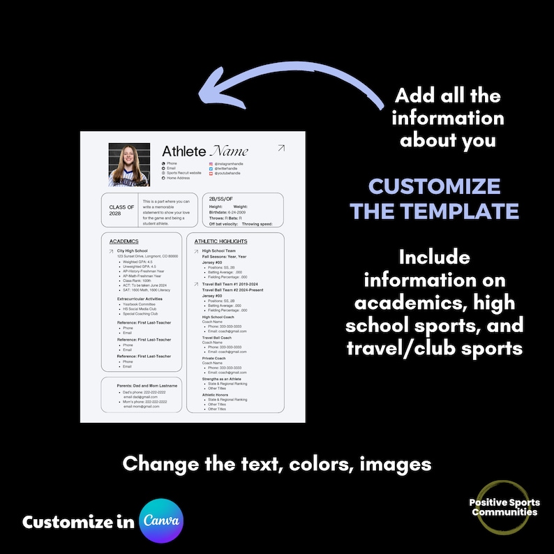 All-sports Athletic Resume Template for College Recruitment, Editable ...