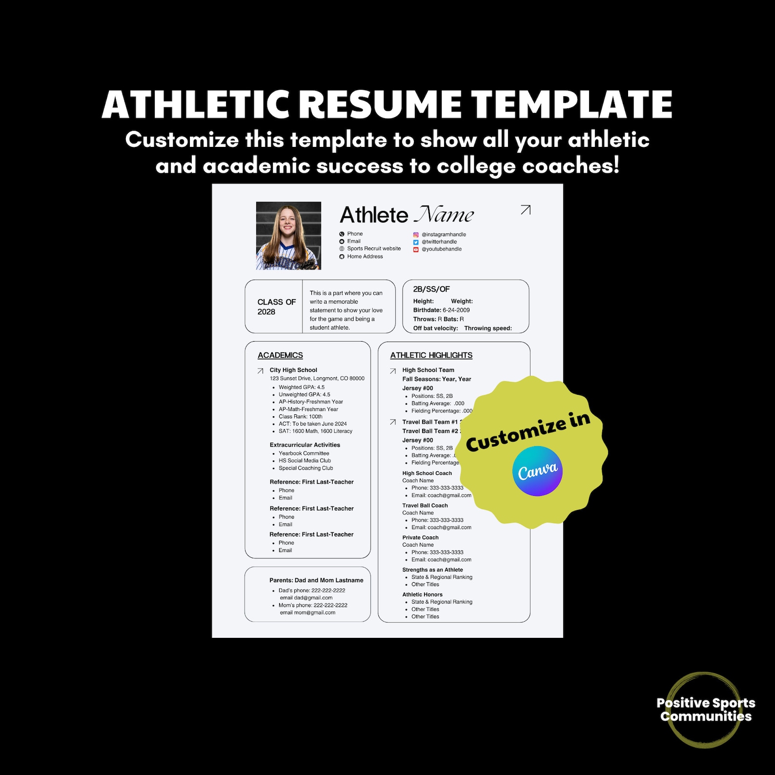 All-sports Athletic Resume Template for College Recruitment, Editable ...