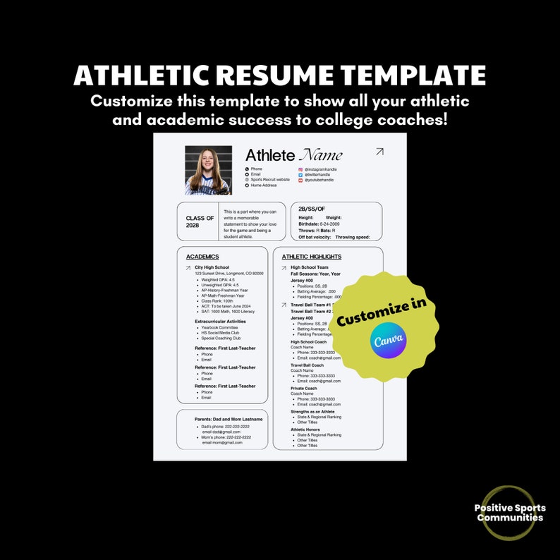 All-sports Athletic Resume Template for College Recruitment, Editable ...