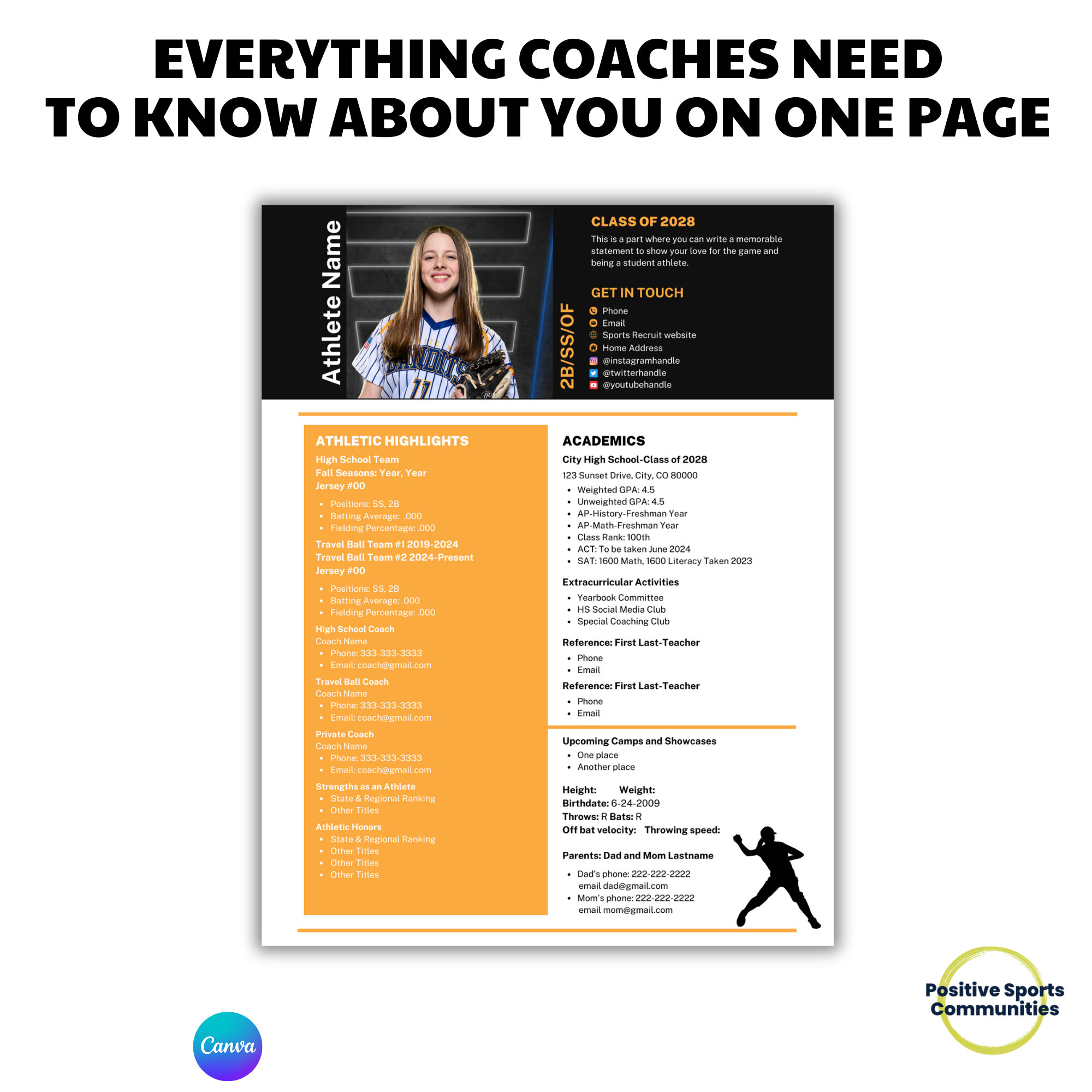 All-sports Athletic Resume Template for College Recruitment, Editable ...