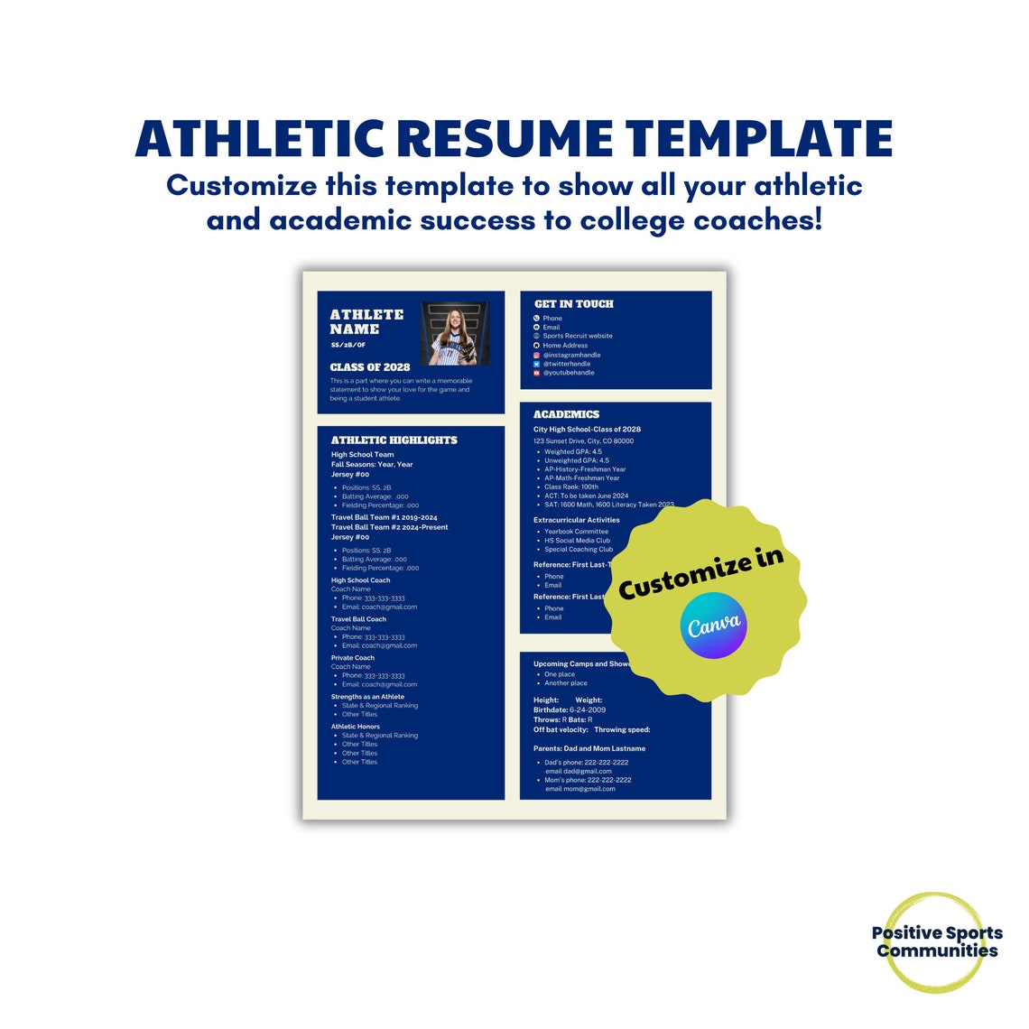 Comprehensive All-sports Athletic Resume Template for D1, D2, D3, JUCO ...