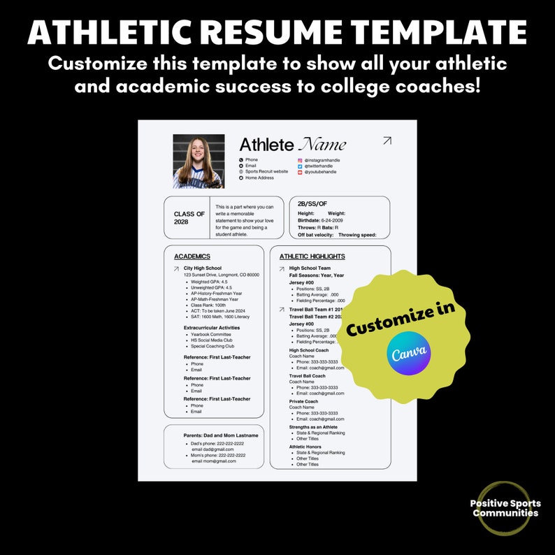 All-sports Athletic Resume Template for College Recruitment, Editable ...