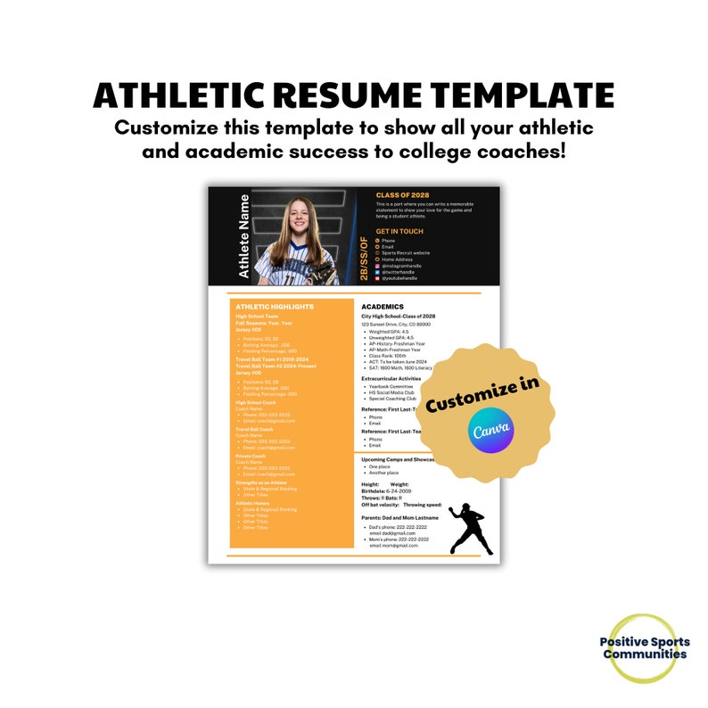 All-sports Athletic Resume Template for College Recruitment, Editable ...