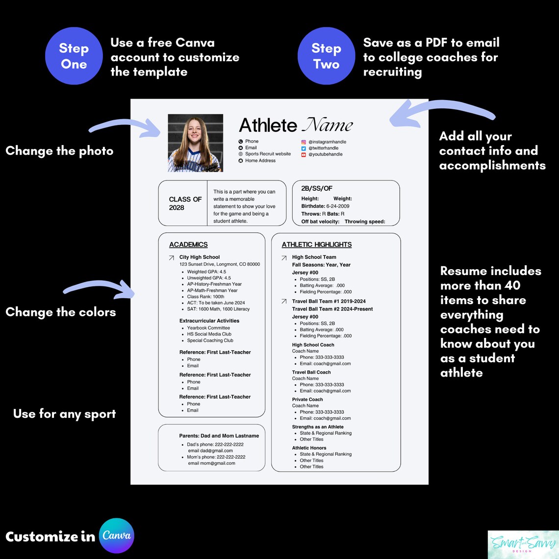 All-sports Athletic Resume Template for College Recruitment, Editable ...