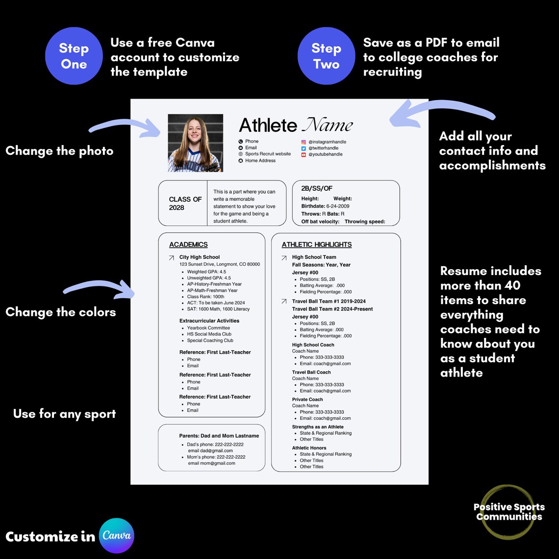 All-sports Athletic Resume Template for College Recruitment, Editable ...