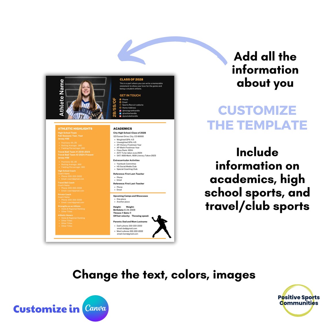 All-sports Athletic Resume Template for College Recruitment, Editable ...