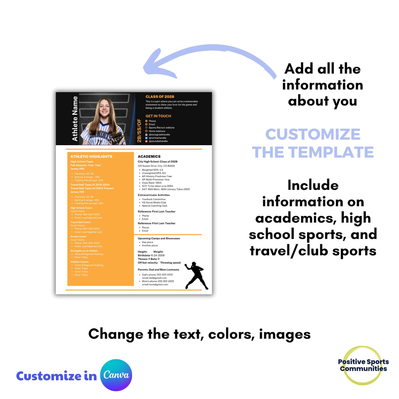 All-sports Athletic Resume Template for College Recruitment, Editable ...