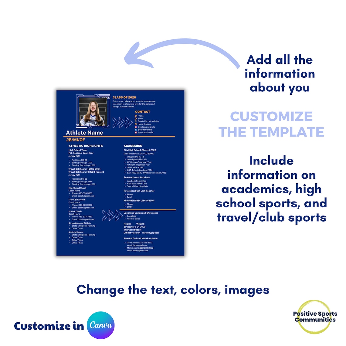 All-sports Athletic Resume Template for College Recruitment, Editable ...