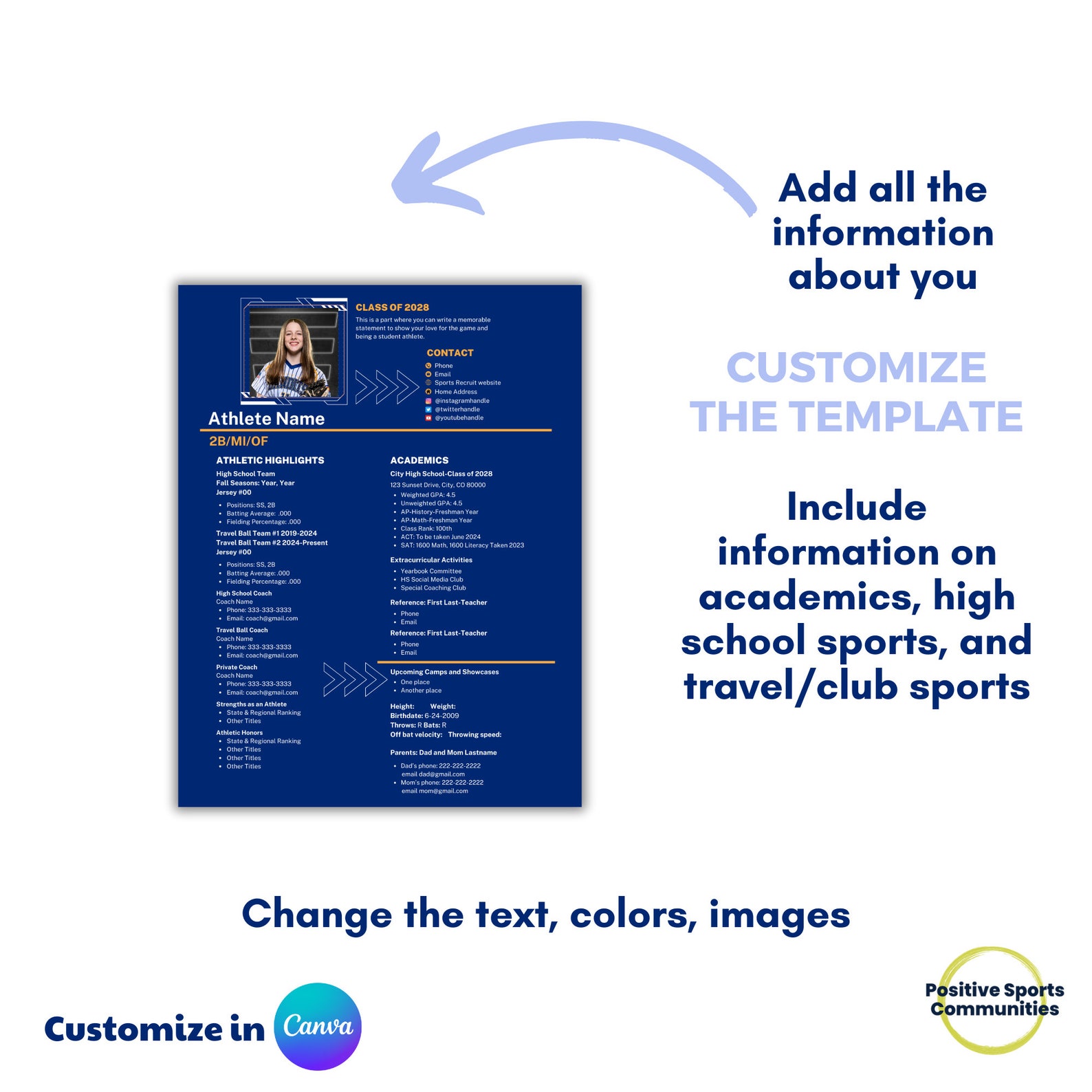 All-sports Athletic Resume Template for College Recruitment, Editable ...