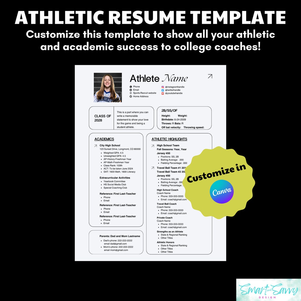 All-sports Athletic Resume Template for College Recruitment, Editable ...