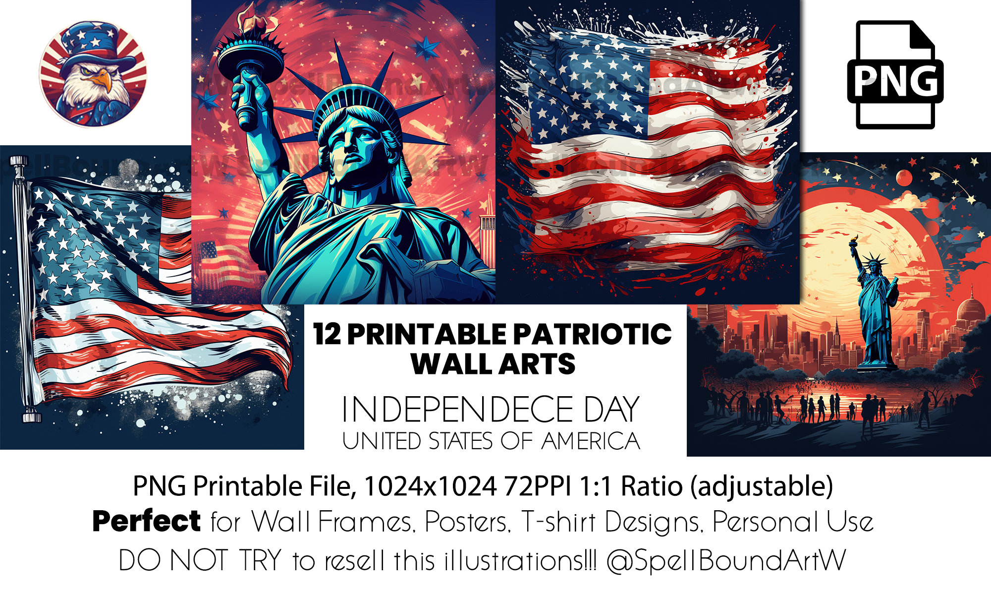 Independence Day Set of 12 Wall Art Printable PDF Digital Art Instant ...