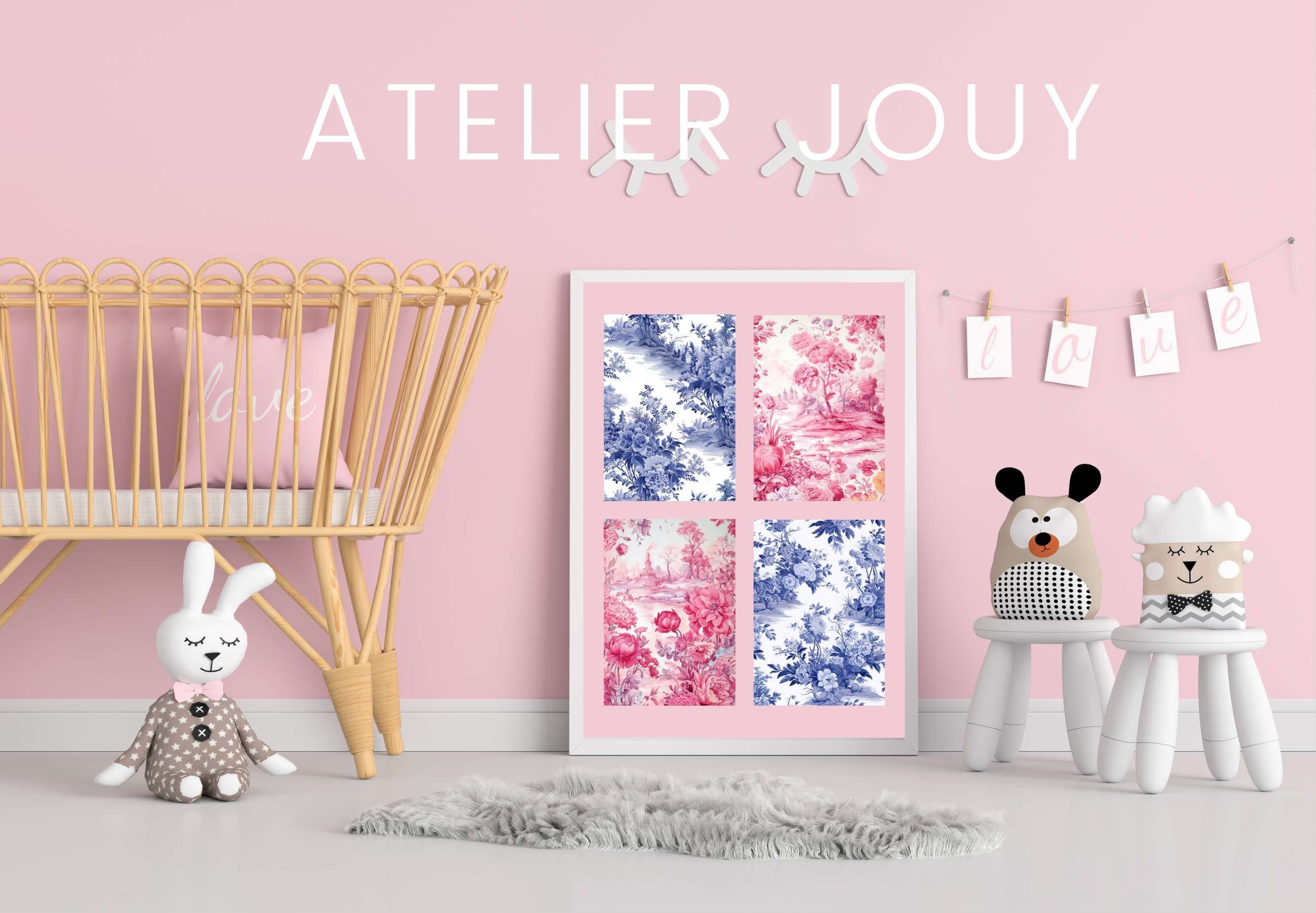 Toile De Jouy Pattern Hot Pink Wall Art Light Pink Wall Art Coquette ...